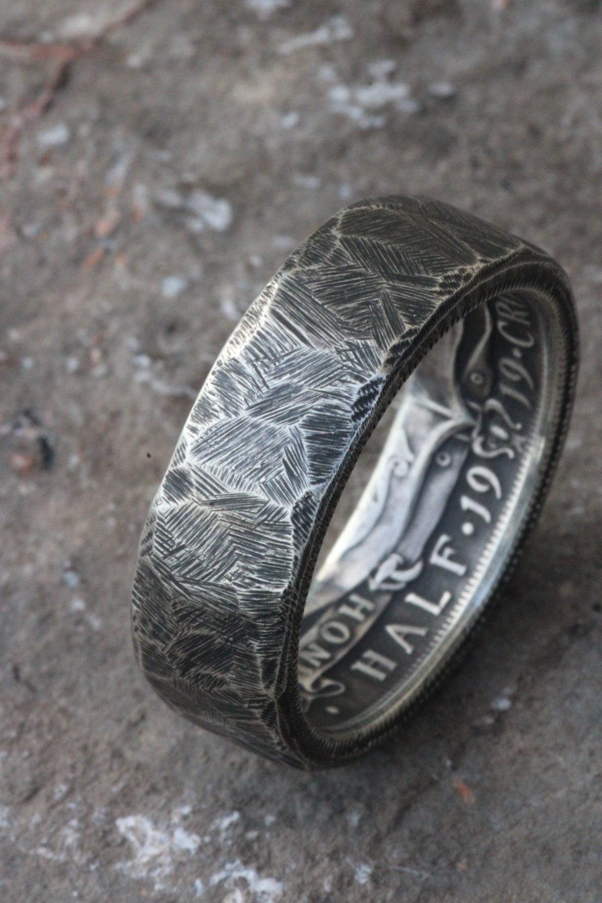 Silver sandcast ring & coin -Bespoke Coin Rings & Sandcast wedding rings
